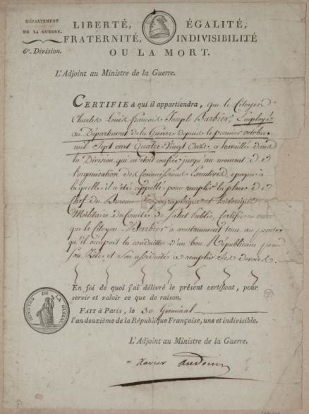 Certificat De Travail De Joseph Barbier 1794 Paris Musées