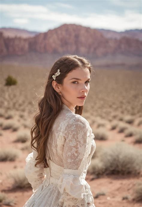 하얀 드레스를 입은 여자가 사막에 서 있다 Seaart Ai