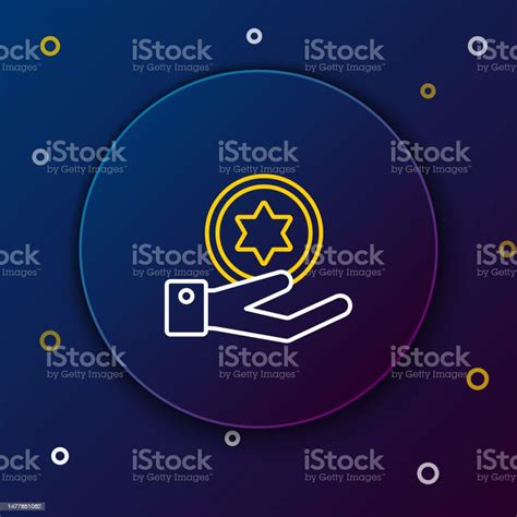 흰색과 노란색 선 유대인 동전은 진한 파란색 배경에 격리 된 손 아이콘입니다 통화 기호입니다 다채로운 개요 개념입니다 벡터 일러스트 레이 션 1위에 대한 스톡 벡터 아트 및