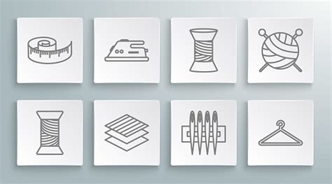 스풀 전기 철 섬유 직물 롤 바느질 바늘 행거 옷장 뜨개질 바늘과 테이프 측정 아이콘이있는 원사 볼에 세트 라인 바느질 스레드 벡터 가정 생활에 대한 스톡 벡터 아트 및