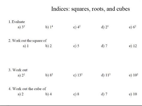 Free Index Notation Squares And Cubes Worksheet Gcse