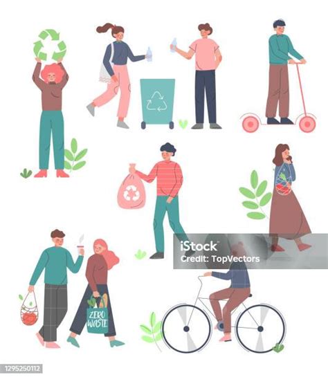환경과 생태세트에 대한 관심 있는 사람들 재활용을 위한 쓰레기를 모으는 남녀 에코백 친환경 교통 만화 스타일 벡터 일러스트레이션 개념에 대한 스톡 벡터 아트 및 기타 이미지
