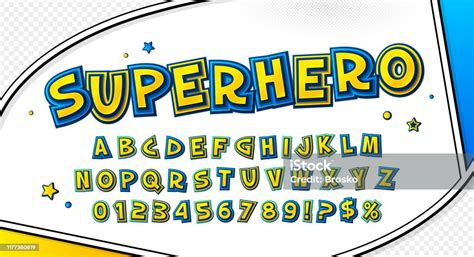 재미있는 만화 글꼴 팝 아트 스타일의 아이의 알파벳 어린이 일러스트 포스터 광고 장식만화 페이지에 하프톤 효과가 있는 다층 옐로우 블루 문자 1980 1989 년에 대한