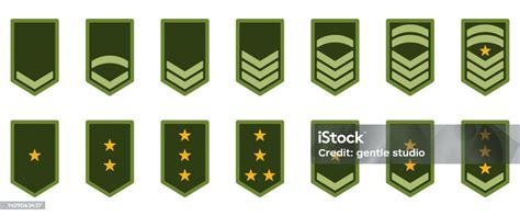 육군 순위 아이콘입니다 군사 배지 휘장 녹색 기호 쉐브론 옐로우 스타와 스트라이프 로고 군인 상사 소령 장교 장군 중령 대령 엠블럼 격리된 벡터 일러스트 레이 션 경찰관에