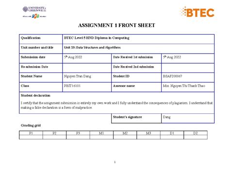 Asm1 Dsa Nguyen Tran Dang Assignment 1 Front Sheet Qualification Btec Level 5 Hnd Diploma In