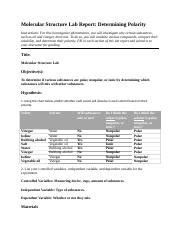 Lab Report Doc Molecular Structure Lab Report Determining Polarity Instructions For