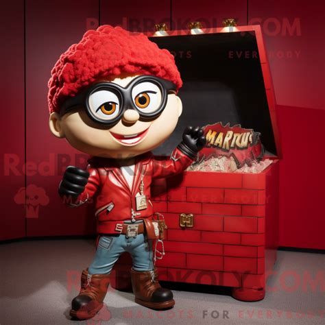 Red Treasure Chest Mascot Costume Character Dressed With A Moto Jacket