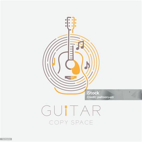 어쿠스틱 기타 라인 스태프 서클 모양 로고 아이콘 윤곽 선 선 으로 음악 노트 스트로크 세트 대시 라인 디자인 일러스트레이션