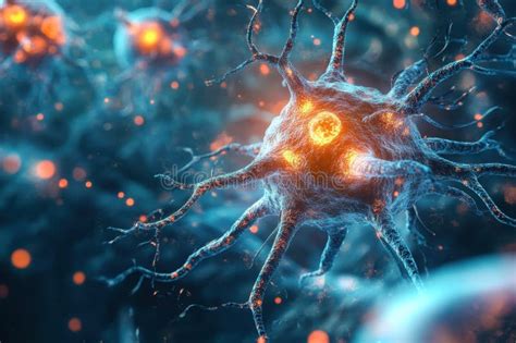 Microscopic View Of Neurons Interacting In A Vibrant Neural Network