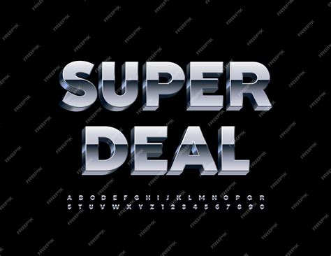 벡터 실버 기호 슈퍼 거래입니다 트렌디한 메탈릭 3d 폰트입니다 반사 알파벳 문자 및 숫자 프리미엄 벡터