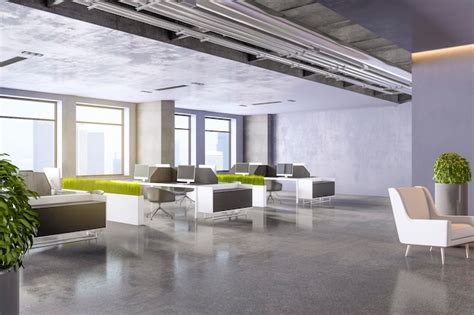 창 및 도시 전망 가구 장치 및 장비 3d 렌더링을 갖춘 현대적인 콘크리트 공동 작업 사무실 인테리어 프리미엄 사진