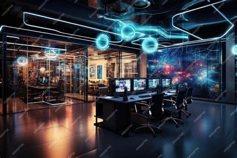 Premium Photo Futuristic Office Interior With Holograms Open Space Interior With Technology