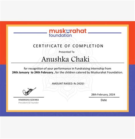 Completed Fundraising Internship With Muskurahat Foundation Anushka