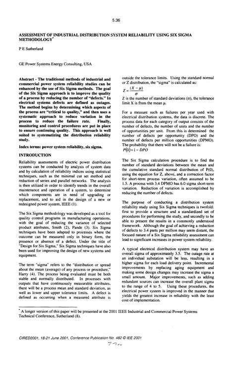 Pdf Assessment Of Industrial Distribution System Reliability Using Six Sigma Methodology