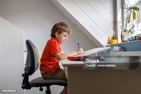 집에서 안경을 쓴 어린 소년이 숙제 글쓰기 및 학습을 만드는 초상화 실내에서 운동을하는 어린 아이 초등학교 및 교육 홈 스쿨링 개념 개념에 대한 스톡 사진 및 기타 이미지