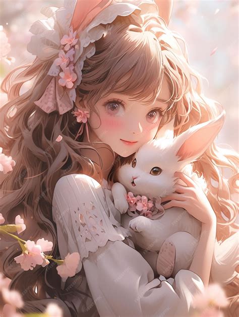 Premium Photo Anime Girl With Long Hair Holding A White Bunny In Her