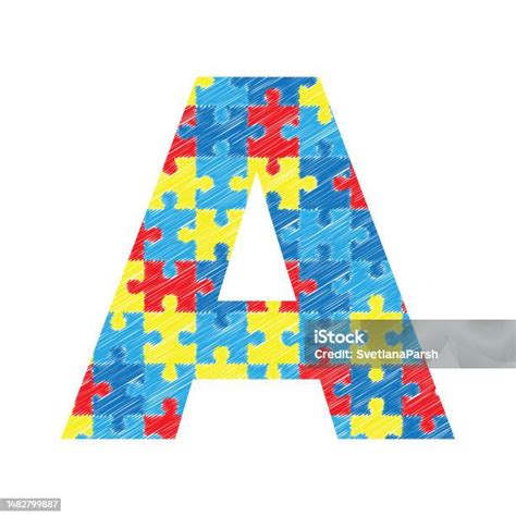 다양한 퍼즐 조각으로 만들어진 편지 A 자폐증 인식의 달의 상징 자폐증에 대한 스톡 벡터 아트 및 기타 이미지 자폐증 퍼즐 0명 Istock