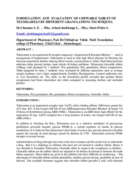 Doc Formulation And Evaluation Of Chewable Tablet Of Telmisartan By Different Granulations