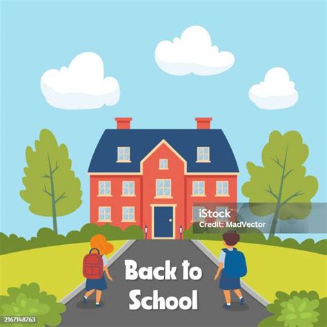 학교 배경으로 돌아 가기 배낭을 메고 학교 건물을 향해 걸어가는 두 명의 만화 아이 텍스트가 있는 다채로운 평면 스타일 디자인 교육 학습 학교 테마 디자인 템플릿입니다 벡터