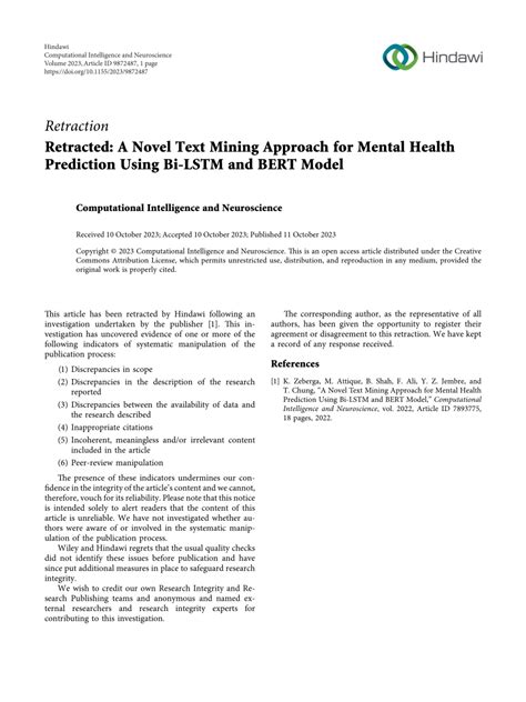 Pdf Retracted A Novel Text Mining Approach For Mental Health Prediction Using Bi Lstm And