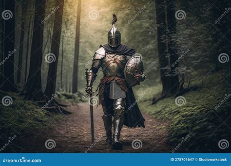 Medieval Warrior In Armor With Sword Walking Through Forest Stock Image