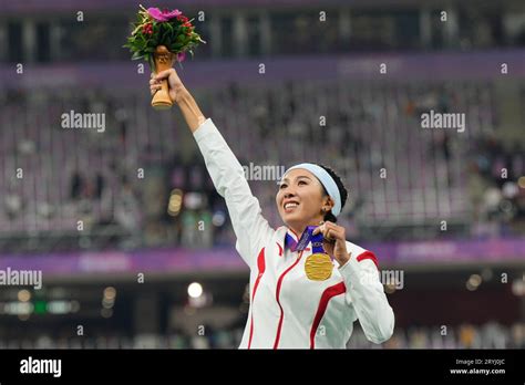 Gold Medalist Chinas Lin Yuwei Celebrates On The Podium During The Victory Ceremony For The