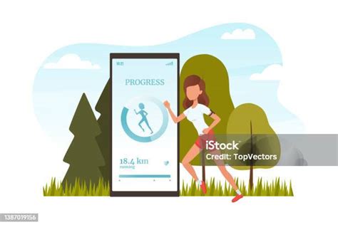 시간 및 진행 률 벡터 일러스트를 보여주는 스마트 폰에서 실행 중인 앱을 사용하는 여성 운동 선수 Brand Name Smart Phone에 대한 스톡 벡터 아트 및 기타