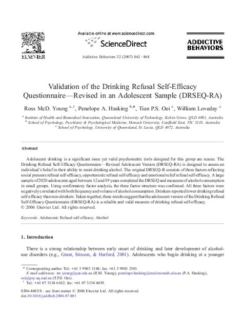 Pdf Validation Of The Drinking Refusal Self‐efficacy Questionnaire—revised In An Adolescent