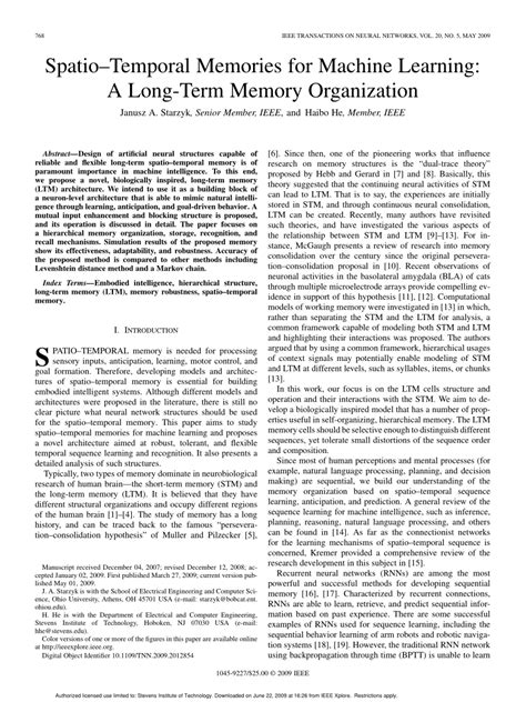 Pdf Spatio Temporal Memories For Machine Learning A Long Term Memory Organization