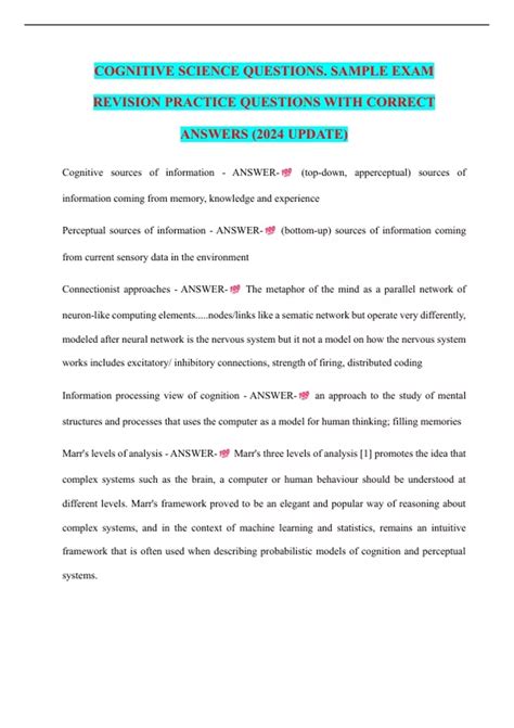 Cognitive Science Questions Sample Exam Revision Practice Questions With Correct Answers 2024
