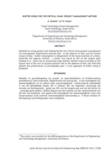 Pdf Buffer Sizing For The Critical Chain Project · 74 1 Introduction In 1997 Goldratt