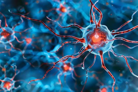 Red Neuron With Electrical Impulses Illustrating Fast Neural Communication And Brain Activity
