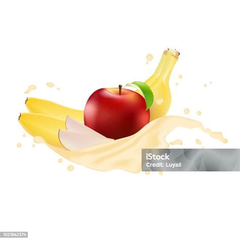 3d 프로 모션 배너 광고 현실적인 빨간 사과 바나나 떨어지는 조각 주스 방울 비타민 잎 튀는 벡터 아이스크림 요구르트 브랜드 광고 레이블 포스터 0명에 대한 스톡 벡터