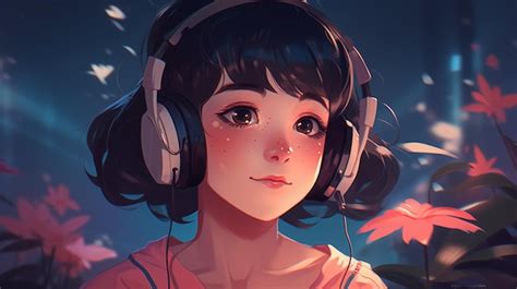 헤드폰 애니메이션 스타일 일러스트 벽지 배경 디자인이 있는 귀여운 Lofi 소녀 Generative Ai 프리미엄 사진