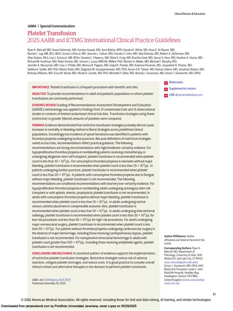 Platelet Transfusion 2025 Aabb And Ictmg International Clinical