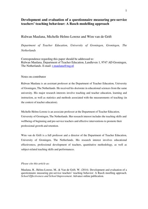 Pdf Development And Evaluation Of A Questionnaire Measuring Pre Service Teachers Teaching