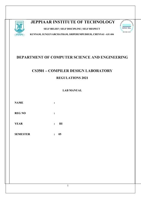 Compiler Lab Experiments Jeppiaar Institute Of Technology Self Belief Self Discipline Self