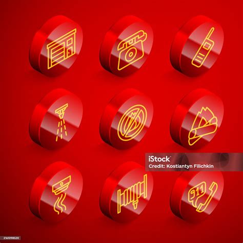 소방서 건물 전화 911 워키 토키 화재 스프링클러 아니오 캠프 파이어 화재 경보 시스템 및 호스 릴 아이콘을 설정합니다 벡터 3차원 형태에 대한 스톡 벡터 아트 및 기타