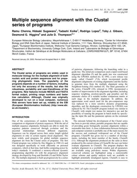 Multiple Sequence Alignment With The Clustal Series Of Programs