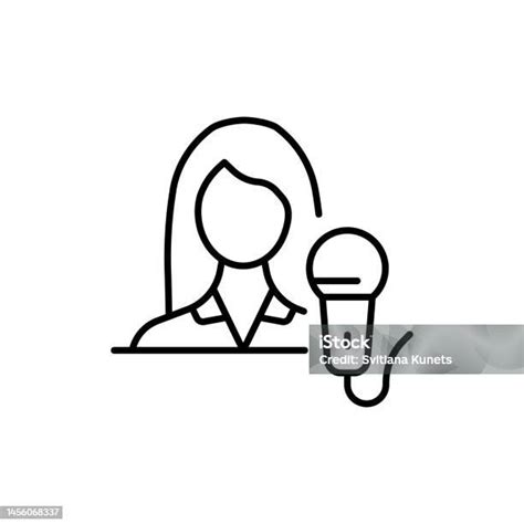 마이크 라인 아이콘을 가진 남자 소녀 마이크 공연 노래 발표 뉴스 아나운서 발표자 통신 개념입니다 흰색 배경에 벡터 검은 선