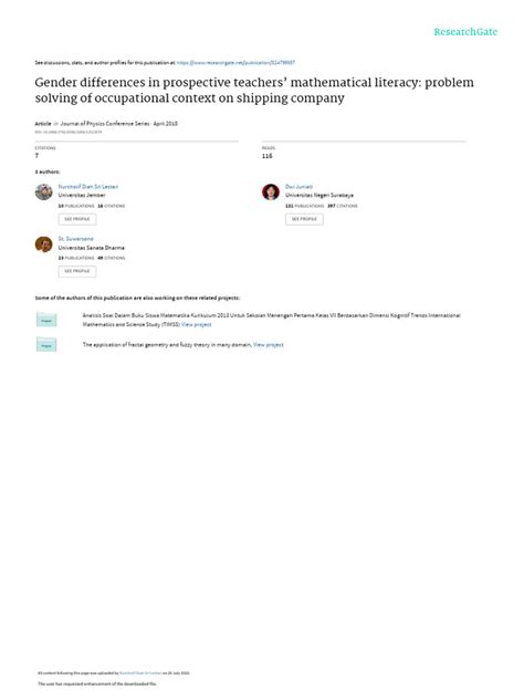 2018 Lestari Gender Differences In Prospective Teachers Mathematical Literacy Problem Pdf