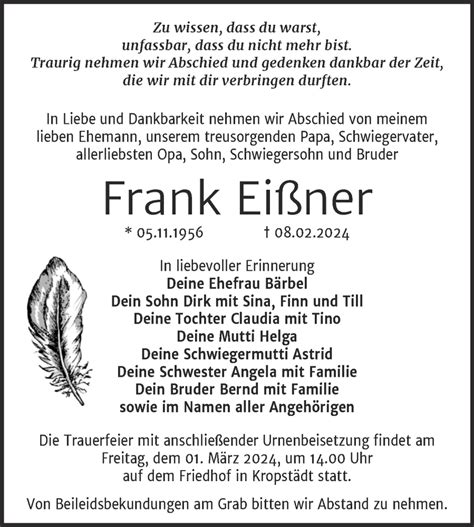 Traueranzeigen Von Frank Eißner Abschied Nehmende