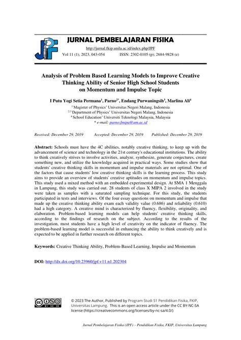 Pdf Analysis Of Problem Based Learning Models To Improve Creative Thinking Ability Of Senior