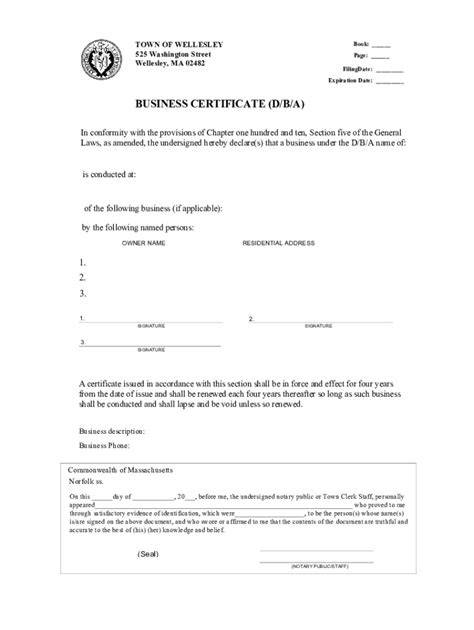 Fillable Online Business Certificate D B A Wellesley Fax Email