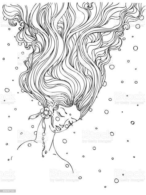 손으로 그린된 잉크 낙서 여자 얼굴과 흰색 바탕에 흐르는 머리 성인을 위한 디자인 포스터 인쇄 전단지 배너 초대 T셔츠 스케치 Eps 8 벡터 검은색에 대한 스톡 벡터 아트