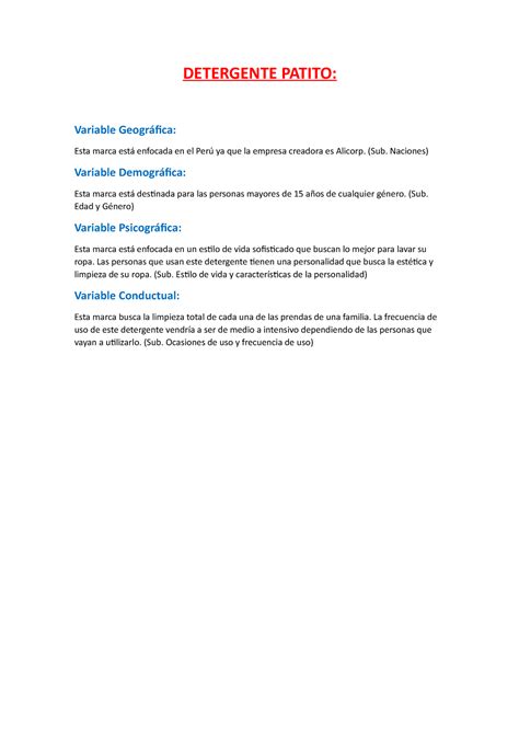 Variables De Segmentación Tb1 Detergente Patito Variable Geográfica Esta Marca Está