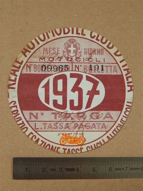 Bollo Aci Tassa Di Circolazione Moto Vintage Epoca 1937 Eur 18810