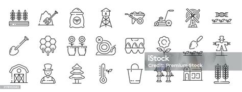 24 개요 웹 농업 및 농업 아이콘과 같은 농업 건초 비료 급수탑 수레 잔디 깎는 기계 풍차 벡터 아이콘 보고서 프리젠 테이션 다이어그램 웹 디자인 모바일에 대 한 세트 0