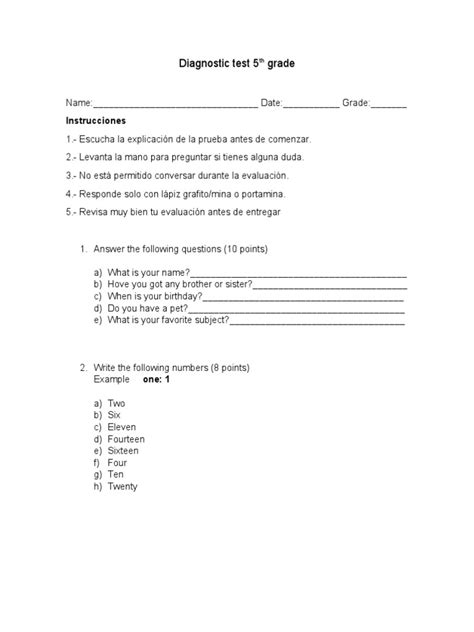 Diagnostic Test 5th Grade Pdf