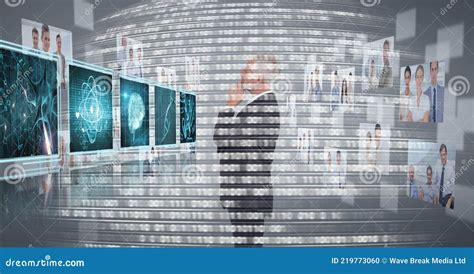 composition of binary coding over businessman looking at screen with